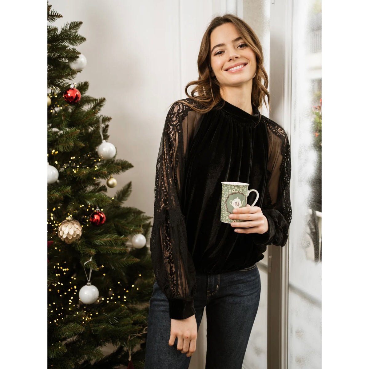 On Trend Velvet Blouse with Lace Sleeves – Precious at whalley